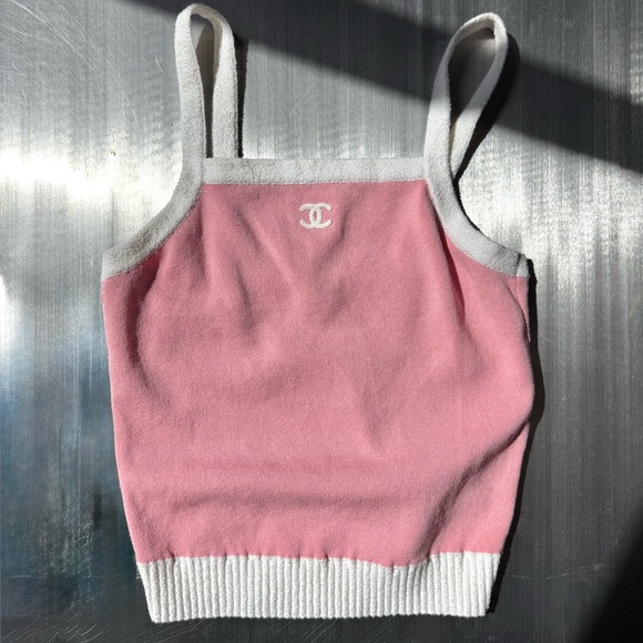 CHANEL | Tops | Chanel 25c Logo Knit Tank Top In Pinkwhite | Poshmark